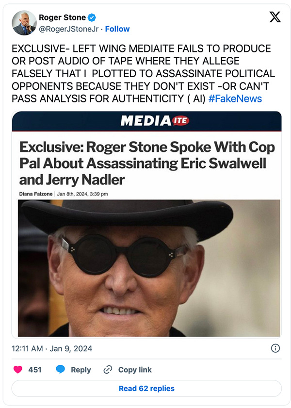 Roger Stone responds to reckless accusations he plotted to kill Dem ...